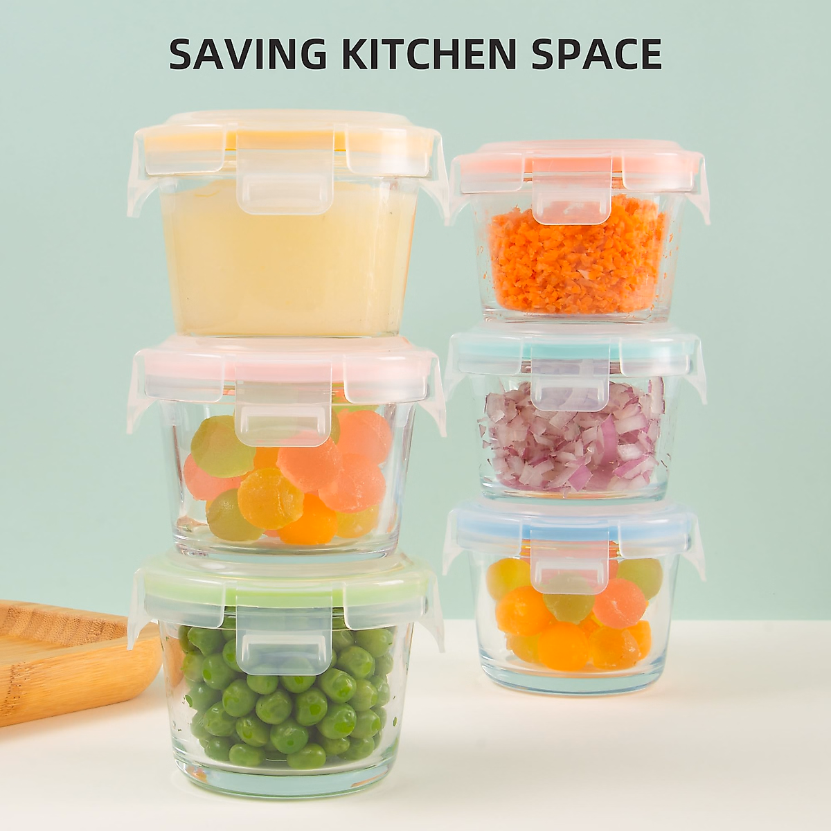 24 Pack Small Glass Containers with Airtight Lids, Food Storage Containers with 6 Color Lids, Glass Food Jars for Snacks, Fruit & Veggie Puree, 4oz