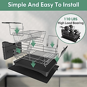 Qienrrae Dish Drying Rack, 2 Tier Large Rack and Drainboard Set with Swivel Spout, Stainless Steel Drainer for Kitchen Counter Wine Glass Holder, Utensil Mat