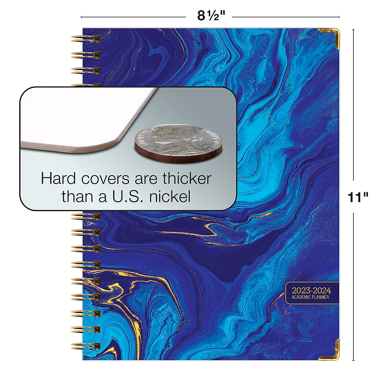 HARDCOVER Academic Year 2023-2024 Planner: (June 2023 Through July 2024) 8.5"x11" Daily Weekly Monthly Planner Yearly Agenda. Bookmark, Pocket Folder and Sticky Note Set (Dark Blue Marble)