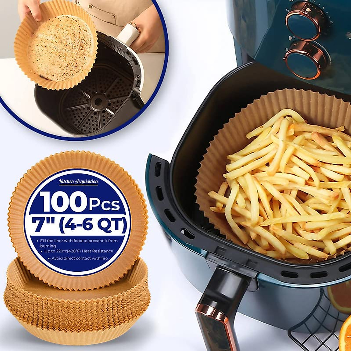 air fryer liners disposable, nonstick, grease, oil-proof air fryer liners, ideal for microwave, and air fryers, 7-inch parchment paper round best for 4-8 quartz from kitchen acquisition 7inch-100 pcs