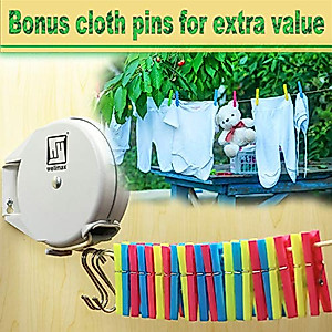 Wellmax 40 Feet Retractable Clothesline with Cloth Pins, Heavy Duty Portable Drying Lines for Wall Mounted Indoor and Outdoor