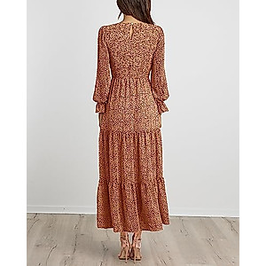 BTFBM Women Casual Long Sleeve Crew Neck Fall Dress Bohemian Relaxed Fit Floral Flowy Maxi Dresses Tiered Cocktail Dress（Floral Brown, Small