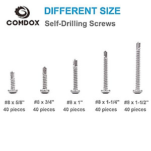 Comdox 410 Stainless Steel Self Drilling Screws Kit Set, Pan Head Phillips Sheet Metal Tek Screws Assortment Kit, Modified Truss Head, 8-18 Thread Size, 5/8" to 1-1/2" Length (Pack of 200)