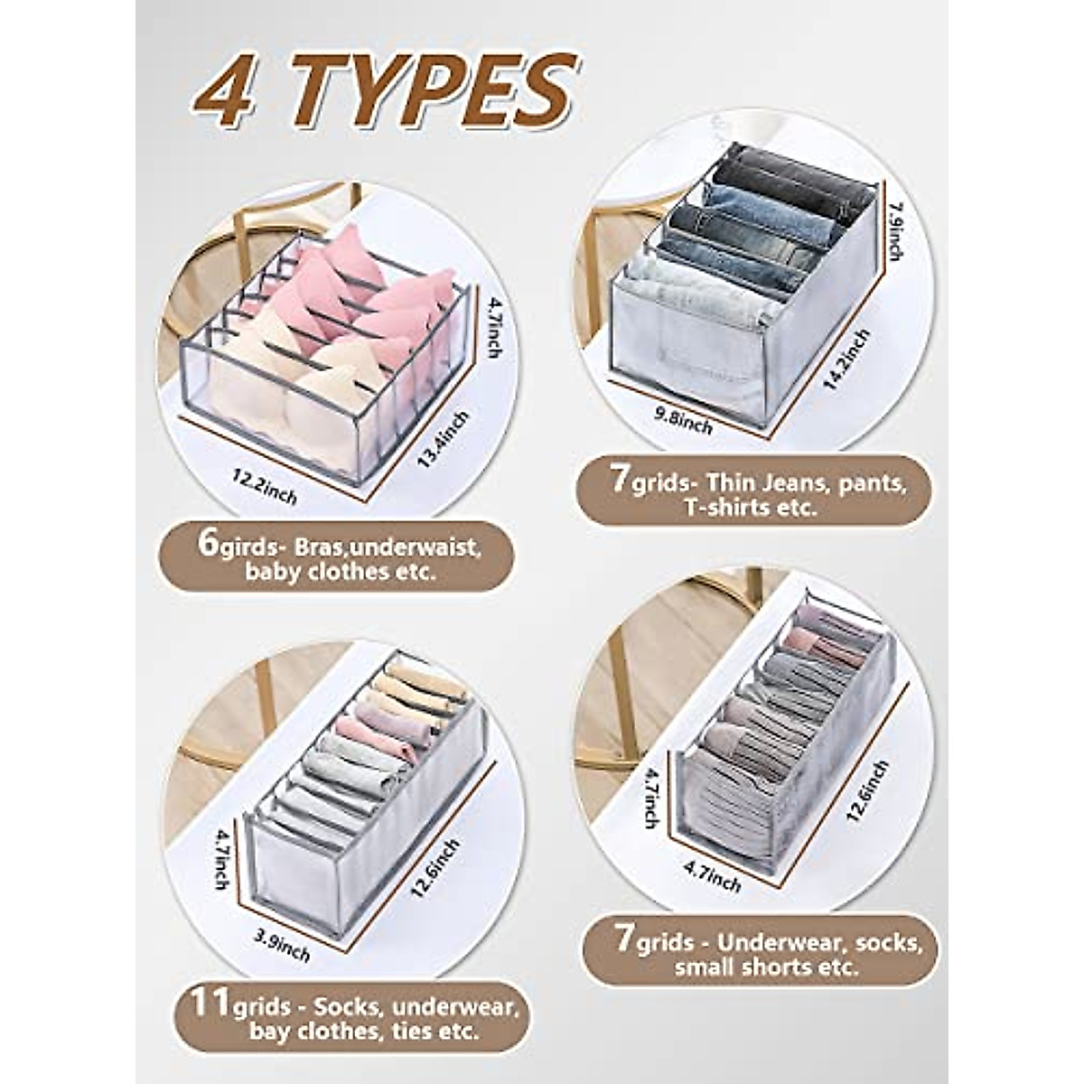 SandKing 6PACK Wardrobe Clothes Drawer Organizers Dividers - 6/7/11Grids Compartment Storage Box Bins for Jeans,Bras,Underwear,Socks,Baby Clothes, Foldable Closet Drawer Organizers Storage Bedroom