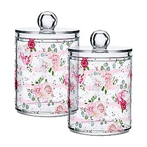 Coikll Romantic Pink Red Rose Qtip Holder with Lid 2PCS Apothecary Jars Storage Containers, Clear Plastic Canister for Cotton Swab,Floss Picks, Cosmetics