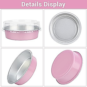Suice Mini Cake Pans with Lids, 100PCS Disposable Foil Cupcake Baking Cups with Lid, 8oz Light Pink Cupcake Liners with Lids Mini Muffin Pan Cake Tins, Aluminum Creme Brulee Ramekins Dessert Cups