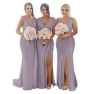 Women's V Neck Chiffon Bridesmaid Dresses with Slit Long Mermaid Formal Party Dresses Ruched Prom Dress Wisteria Size 14
