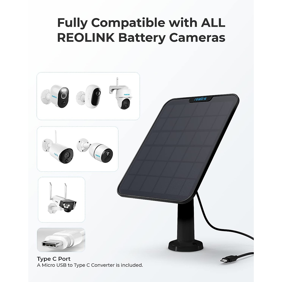 Reolink 6W Solar Panel Black, Non-Stop Solar Power Supply for All Wireless Battery Camera Outdoor, Compatible with TrackMix/Argus PT Ultra/Duo 2/Eco Ultra/3 Ultra, Waterproof, Adjustable Mount(Black)