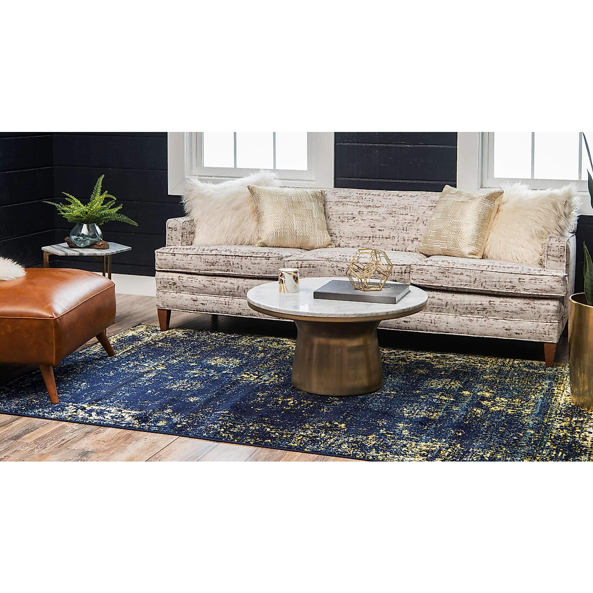 Unique Loom Sofia Collection Area Rug - Casino (5' 3" x 8' Rectangle, Navy Blue/ Yellow)
