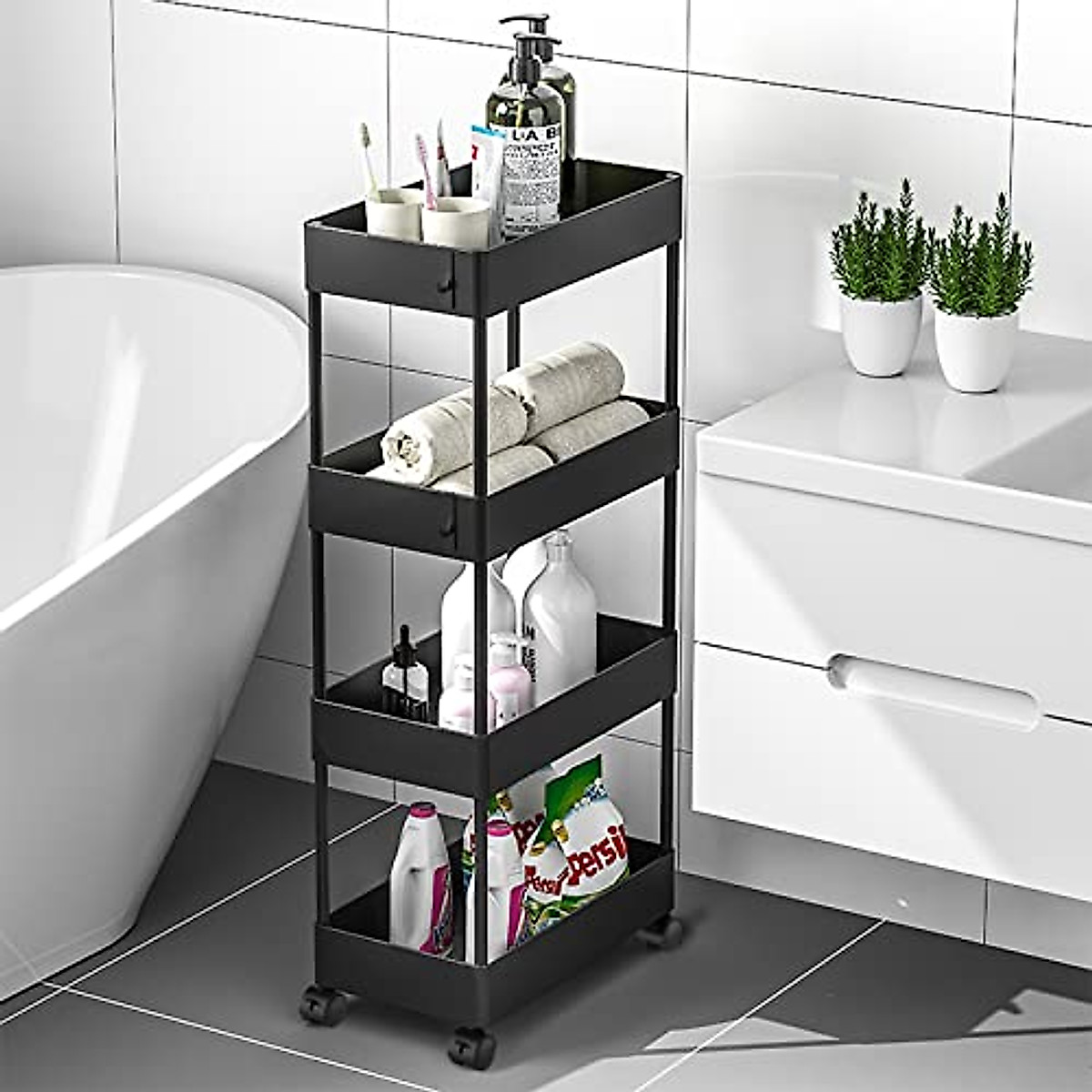 AOJIA Bathroom Storage Cart, Bathroom Cart Organizer Slide Out Storage Cart Mobile Shelving Unit Organizer with Wheels for Bathroom Kitchen Bedroom Laundry Narrow Places (3-Tier Black)