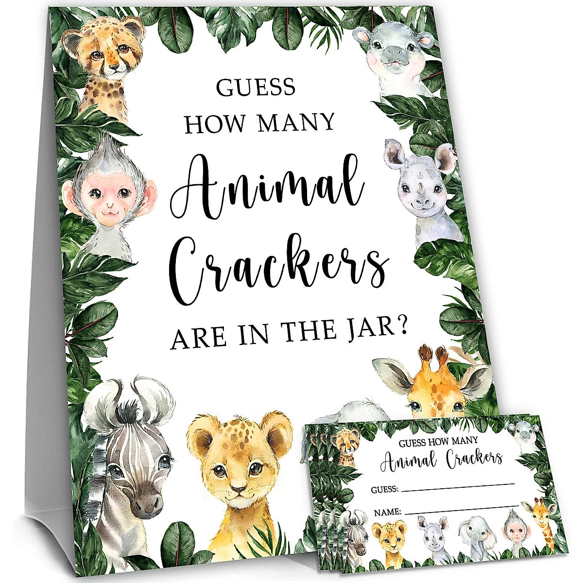 Yuzioey Safari Guess How Many Animal Crackers Guessing Game, Jungle Animals Guessing Game Cards, 50 Cards and Matching Sign, Safari Animals Baby Shower Game