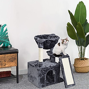 SYANDLVY 23.62" Cat Tree for Indoor Large Cats, Cat Tower with Scratching Posts, Modern Cat Bed Furniture with Condo & Basket (Scratching Board-Smoky Grey)