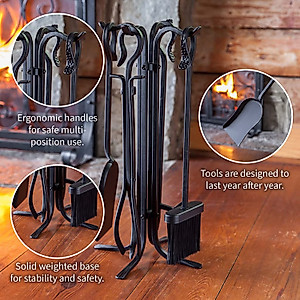 Plow & Hearth 5 Piece Hand Forged Iron Compact Fireplace Tool Set | Poker | Tongs | Shovel | Broom | Hearth Accessory| Black Finish | 10.25" x 20"H