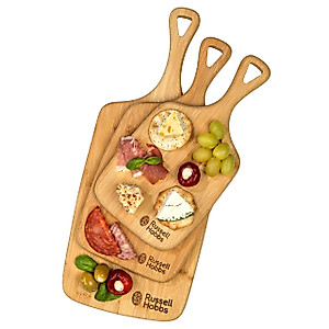 Russell Hobbs RH01971EU 3 Piece Bamboo Chopping Board Set - Reversible Paddle, Food Preparation & Charcuterie Platter Cheese Board Set, Strong & Durable, Grazing Board, 30/35/45cm With Hanging Holes