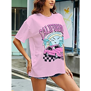 YIJIU Women's Oversized T Shirts Graphic Print Short Sleeve Loose Casual Summer Tees Tops,Pink,M