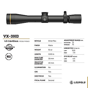 Leupold VX-3HD 4.5-14x40 (30mm) CDS-ZL Side Focus Wind-Plex Reticle Riflescope