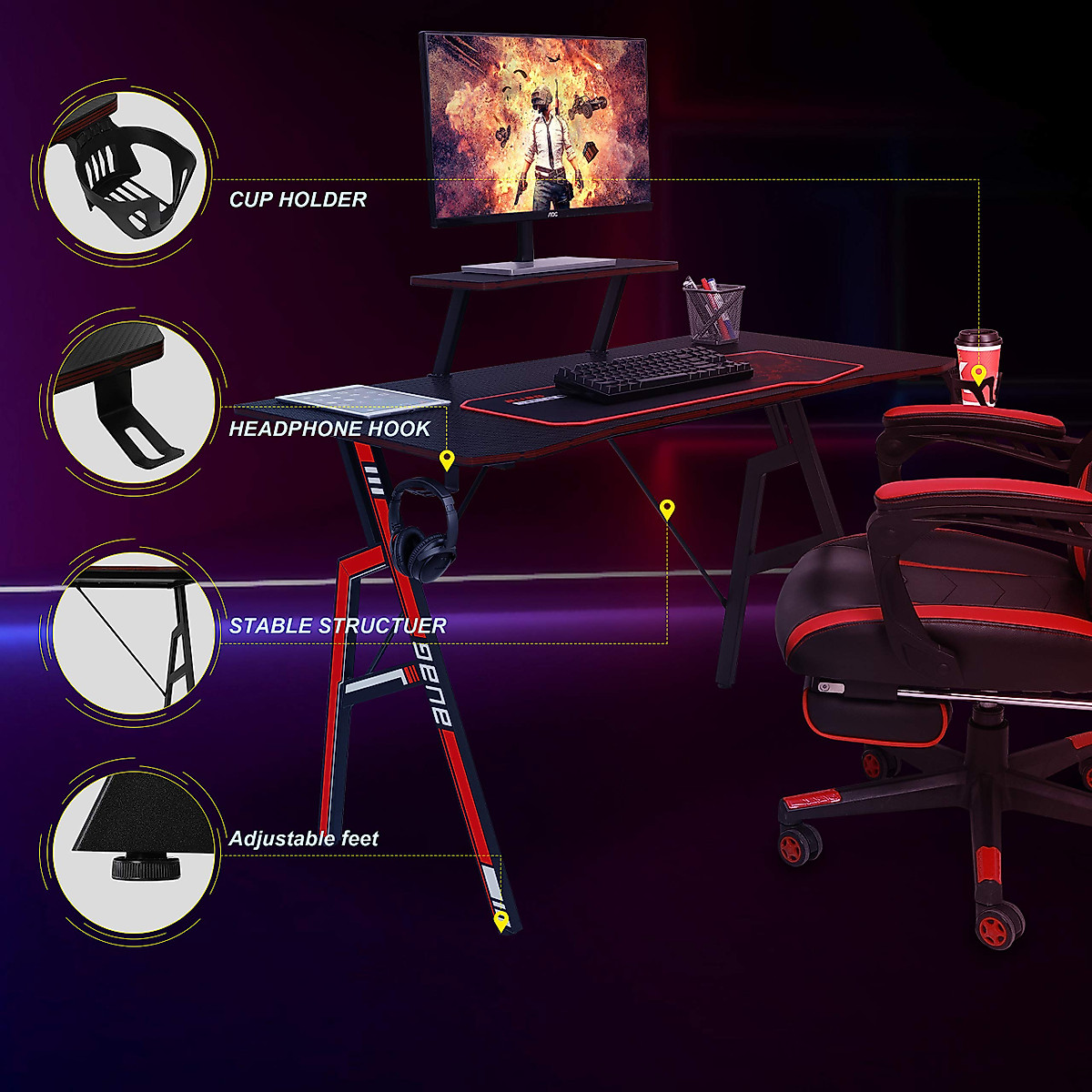 AuAg 44 inch Gaming Desk with Monitor Shelf PC Desk, A-Shaped Gaming Table Home Office Computer Desk Modern Ergonomic Racing Style Gamer Workstation with Cup Holder and Headphone Hook (44")