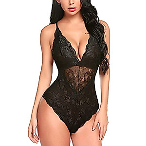 Avidlove Snap Crotch Lingerie Women Deep V Lace Teddy Bodysuit One Piece Babydoll(Black,L)