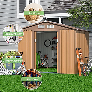 JAXPETY 6’ x 8’ Outdoor Metal Storage Shed, Lawn Equipment House with Lockable Sliding Door, Tool Organizer for Backyard Garden w/ Gable Roof, Vents, White and Gray