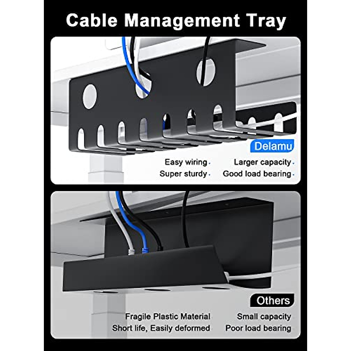 Under Desk Cable Management Tray 2 Pack, Metal Cable Tray Basket for Wire Management, No Drill/Drill PC Cord Organizer for Home Office Computer Desk Cable Hider, 15.75x4.72x4.72in, Black Raceway