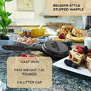 Cast Iron Stuffed Waffle Iron - Pre-Seasoned, 5" Dia, 2" Thick Round - Non-Stick Belgian Waffle Maker w/Heat-Resistant Handles – Classic Waffle Maker Compatible w/Gas, Electric, Induction & More