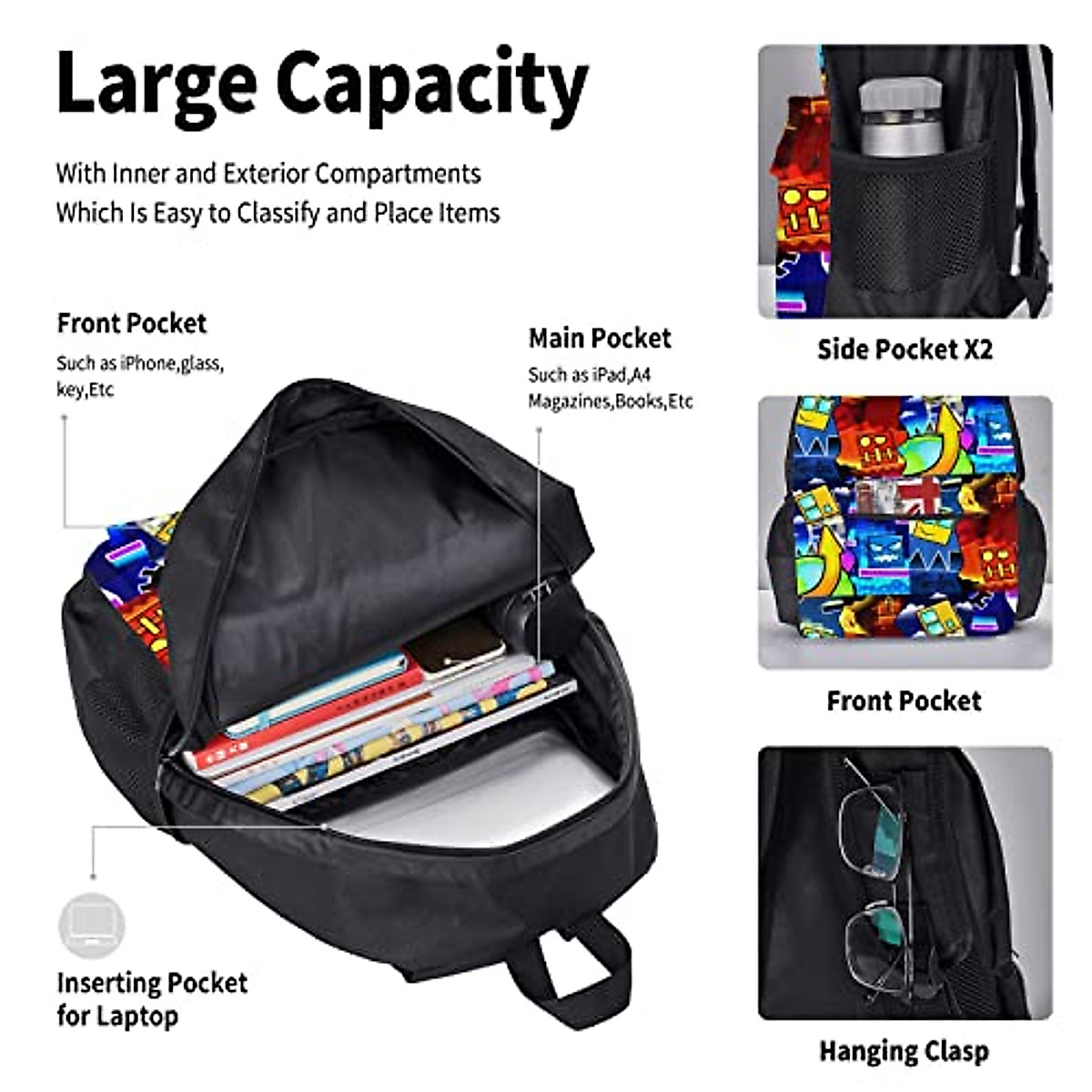 Geometry Dash Backpack Teen Bookbag Travel Daypack Boys Girls Lunch Bag Pencil Case Three-Piece Suit
