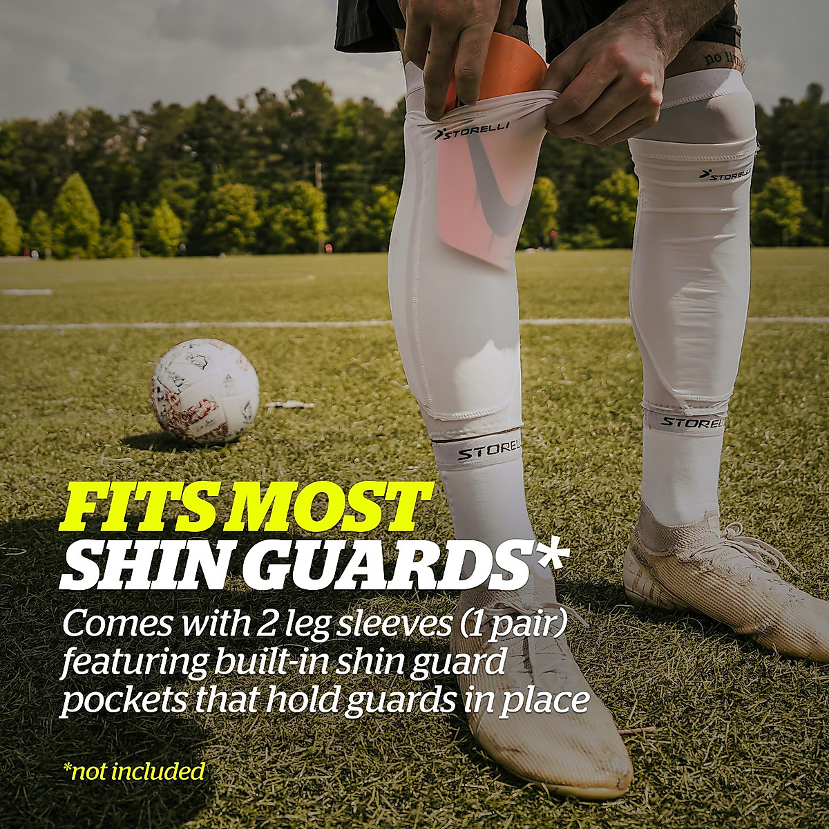 Storelli BodyShield Leg Sleeves, Compression Soccer Shin Guard Holders, Breathable, Sweat-Wicking, Impact Protection, Black, 1 Pair