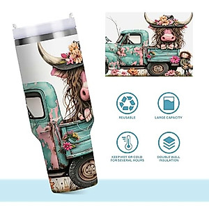 RPLIFE Beautiful Pink Highland Cow White Coffee Tumbler, Stainless Steel Coffee Cup, Insulated Coffee Mug with Lid, Tumblers for Women