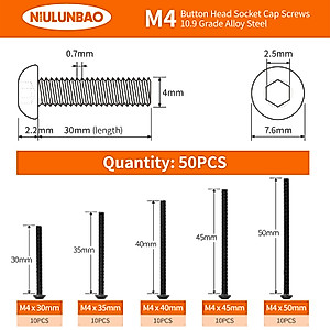 NIULUNBAO M4 x 30mm 35mm 40mm 45mm 50mm Button Head Socket Cap Screws Bolts, 10.9 Grade Alloy Steel Metric, Black Oxide Finish, Allen Hex Drive, Machine Fully Threaded, Assortment Kit 50PCS