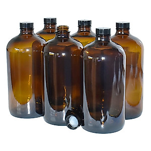 GlassBottleOutlet (Pack of 6) 32 oz. Amber Boston Round with Black Poly Cone Cap