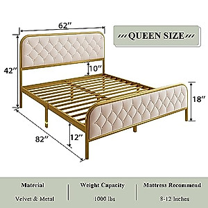 Feonase Queen Size Bed Frame, Upholstered Bed Frame with Diamond Tufted Headboard, Heavy Duty Metal Slats, 12" Storage Space, No Box Spring Needed, Easy Assembly, Gold