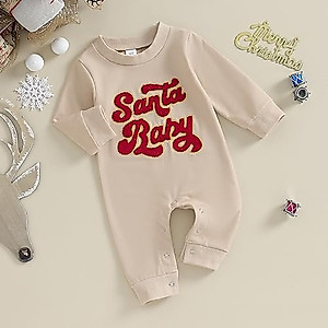 Infant Baby Boy Girl Christmas Outfit Santa Baby Embroidery Romper Long Sleeve Jumpsuit Bodysuit One Piece Outfit (A-Santa Baby Khaki, 3-6 Months)