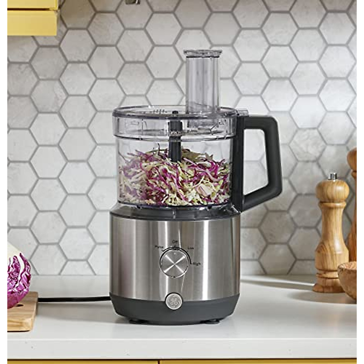 GE Food Processor | 12 Cup | Complete With 3 Feeding Tubes, Stainless Steel Mixing Blade & Shredding Disc | 3 Speed | Great for Shredded Cheese, Chicken & More | Kitchen Essentials | 550 Watts