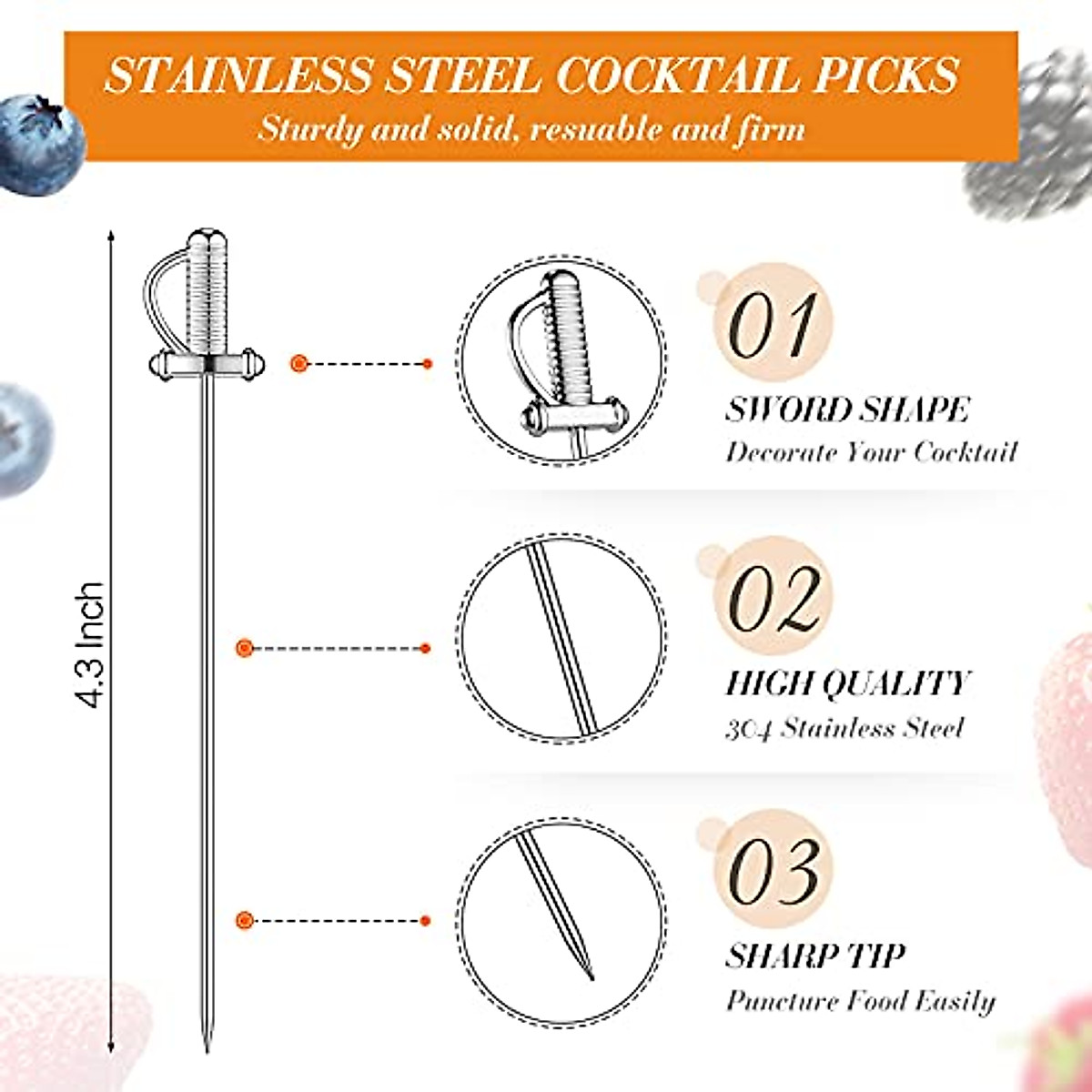 10 Pieces Stainless Steel Cocktail Picks Toothpicks 4.3 Inch Sword Metal Martini Drink Pick Sticks Appetizer Resuable Skewers Food Fruit Cocktail Toothpicks for Birthday Wedding Beach (Silver)