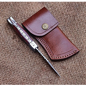 Nesmo-511 Damascus Steel Pocket Knife for Men - Handmade Folding Hunting Knives with Leather Pouch - Best Knife for Camping Hunting Hiking (Red Pakka Wood Handle)