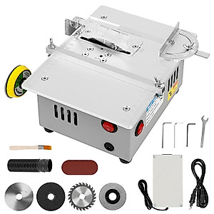 Mini Table Saw with Belt Grinder, 240W 7-Speed Power Supply Adjustable Table Saw Portable Precision Table Saw with 4-Blades and Safety Flap, 0.1-20mm Saw Blade Height Adjustable, Aluminum