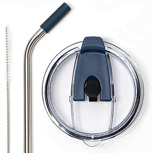 Spill Proof Tumbler Lid with Angled Stainless Steel Straw + Silicone Straw Tip + Straw Cleaning Brush for Yeti Rambler or Ozark Trail Tumblers (30oz, Navy)