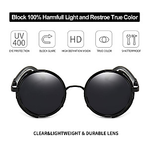 Dollger Steampunk Vintage Retro Round Sunglasses Metal Circle Frame (Black Lens+Black Frame,100% UV Protection Lens)