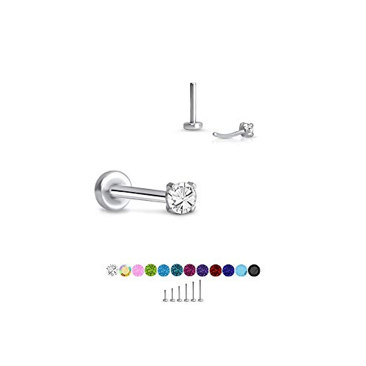 316 Stainless Steel Threadless Push Pin Nose Ring Labret Monroe Stud 1.5mm Prong Hot Pink CZ 18G