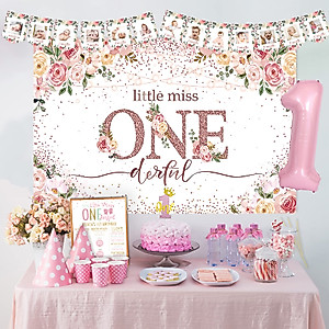 125 PCs First Birthday Decorations for Girl, Fiesec Little Miss Onederful 1st Birthday Party Decorations Backdrop Balloon Garland Monthly Photo Highchair Banner Box Cutout Cake Topper Crown Poster