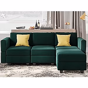 Belffin Convertible Sectional Sofa with Chaise Velvet L Shaped Sofa Couch Modular Sectional Sofa with Storage Green