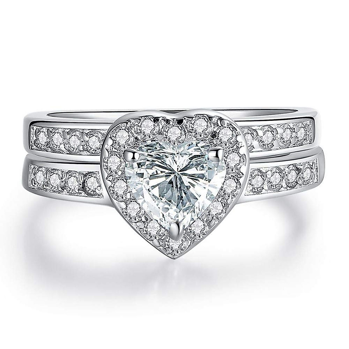 MABELLA His Hers 3 Pcs Stainless Steel Matching Band Women Heart Cut Sterling Silver Wedding Engagement Ring Set Women's Size 7 Men's Size 9