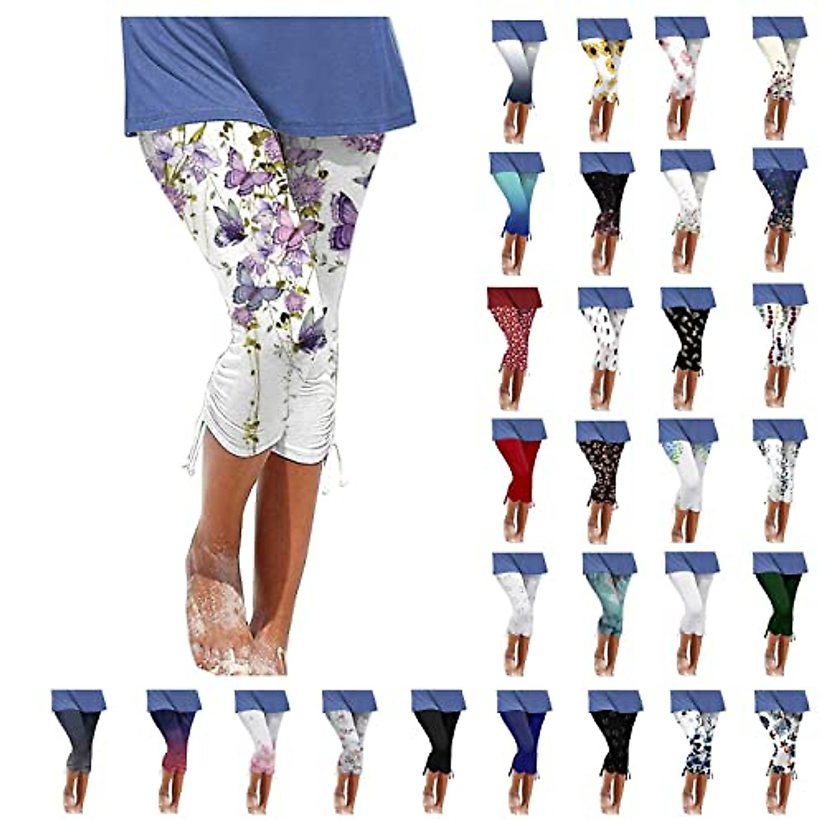 Today 2023 Clearance Beach Capri for Women Casual Summer Elastic Waistband Capri Leggings Smocking Cuff Active Stretch Slim Cropped Pants