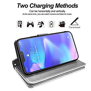 Newseego Compatible iPhone 11 Pro Max Leather Case 6.5 Inch,Glitter Faux PU Leather Magnetic Closure Multi-Credit Card Slot Cash Holder Detachable 2 in 1 Wallet Cover with Wrist Strap-Silver