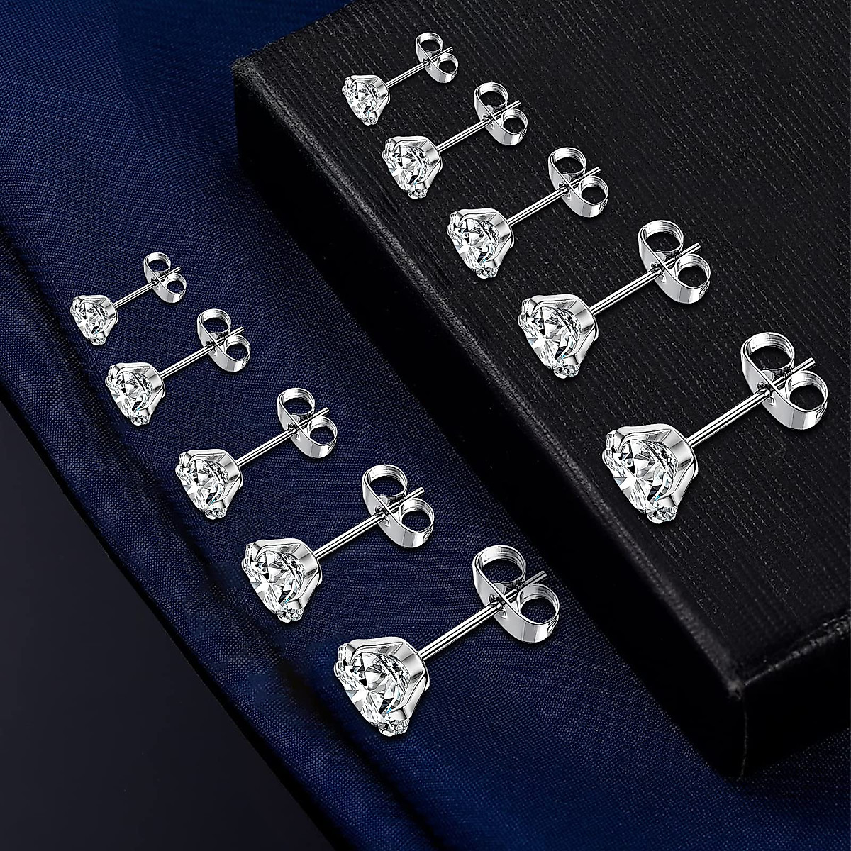 5 Pairs Stud Earrings Set 316 Stainless Steel Earrings,Hypoallergenic Cubic Zirconia Surgical Steel Earrings for Woman Man Girls(3-7mm)