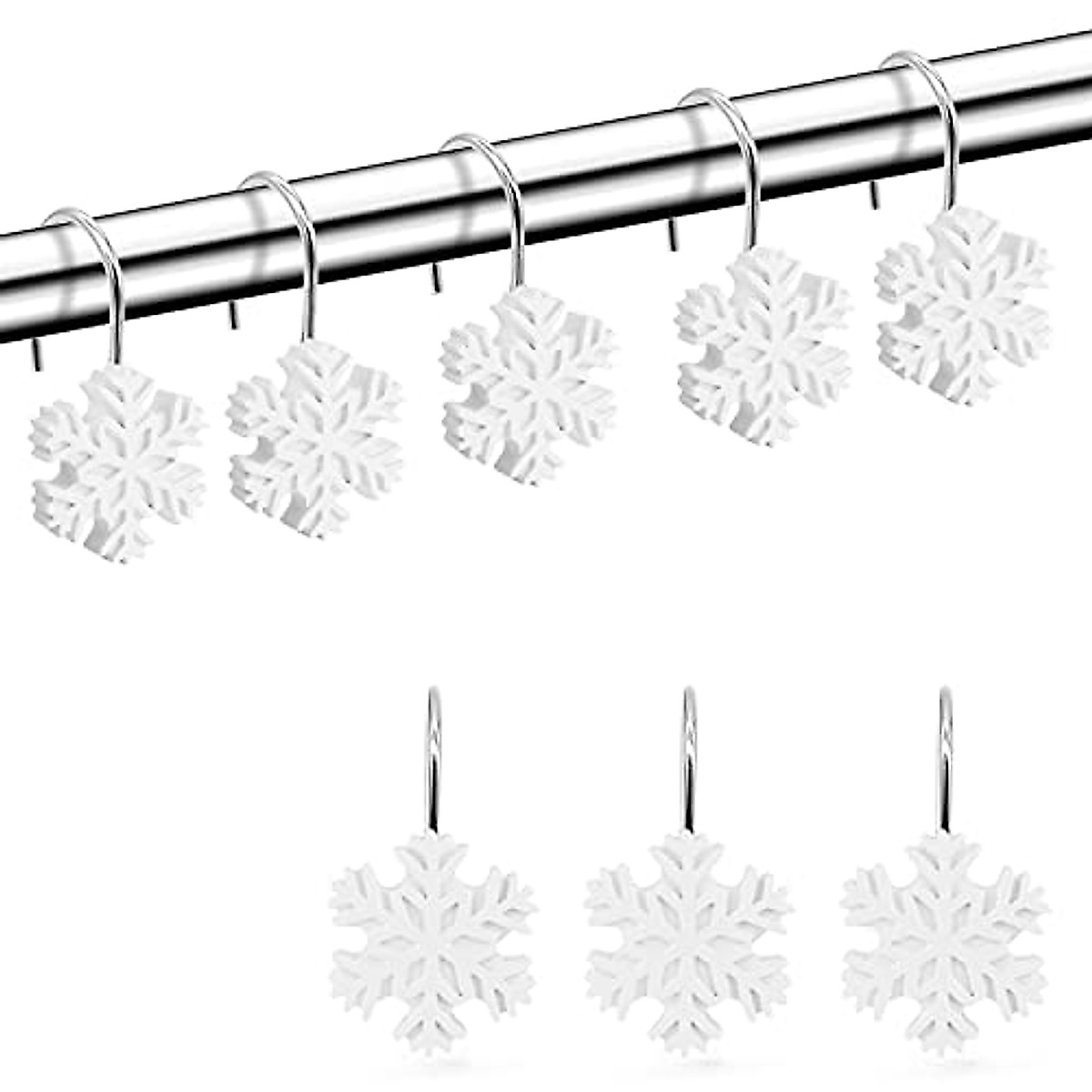 Shower Curtain Hooks, Snowflake Shower Curtain Rings Christmas Shower Curtain Hooks for Winter Bathroom Restroom(Snow)