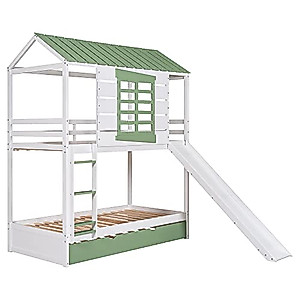 RORIGAT House Bunk Beds with Slide for Kids, Wood Twin Over Twin Bunk Beds with Trundle and Convertible Slide,Slide Playhouse Bed for Girls Boys, White+Green