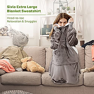 Sivio Blanket Sweatshirt, Plush Flannel Sherpa Wearable Blanket with Sleeves and Giant Pocket, Oversized Hoodie for Women and Men, Grey