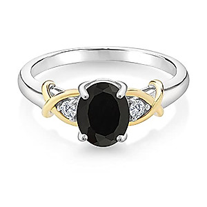 Gem Stone King 2 Tone 10K Yellow Gold and 925 Sterling Silver Black Onyx and White Lab Grown Diamond Ring For Women (1.68 Cttw, Gemstone Birthstone, Available In Size 5, 6, 7, 8, 9)