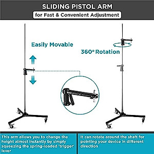 Flashpoint RB-PG Steel Wheeled Pistol Grip Heavy Duty Light Stand for Photography w/Sliding Arm & Chrome-Plated Column Stand, Max. Height 6.5' Max. Load 22 Lbs, Suitable for Light Stand Photography